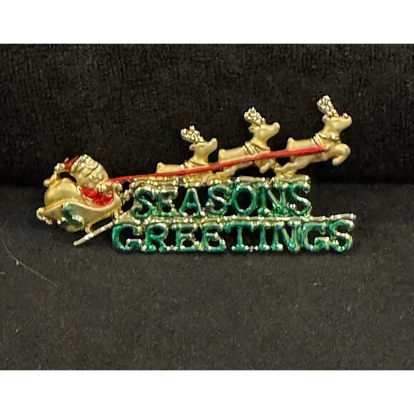 None | Jewelry | Vintage Goldtone Seasons Greetings Santa Sleigh ...